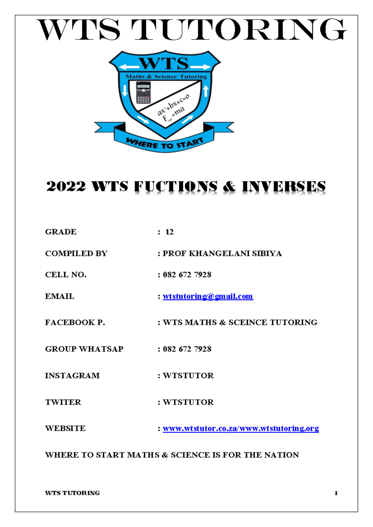 WTS 12 Functions & Inverses Study Notes for Grade 12 Mathematics - Studocu