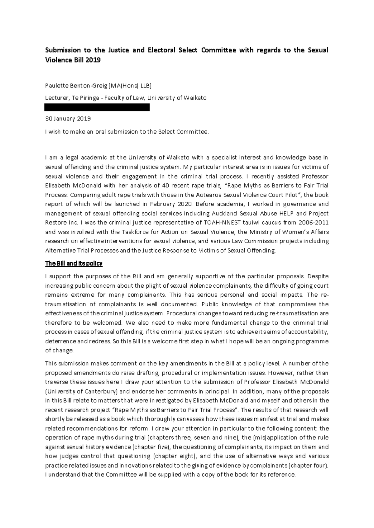 Submission to the Justice Committee on the Sexual Violence Bill 2019 ...