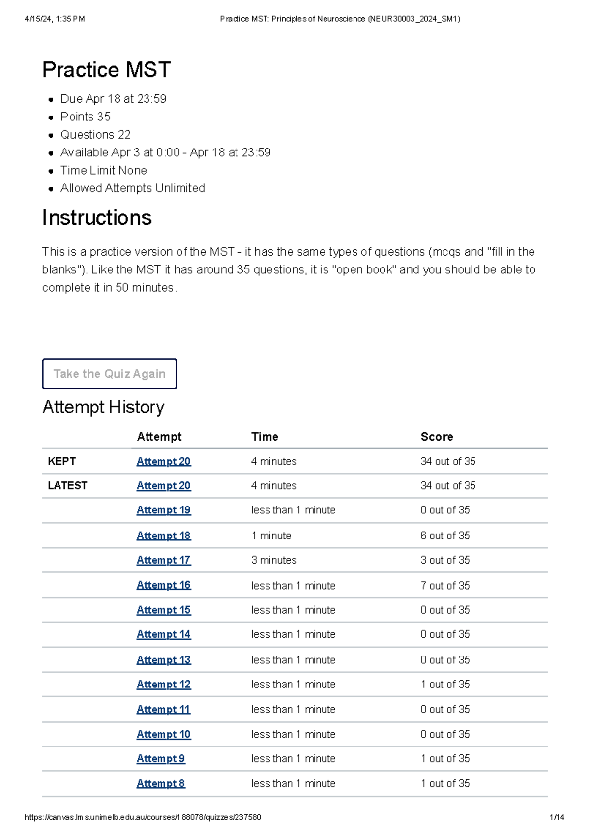 Practice MST Principles of Neuroscience (NEUR30003 2024 SM1) - Practice ...