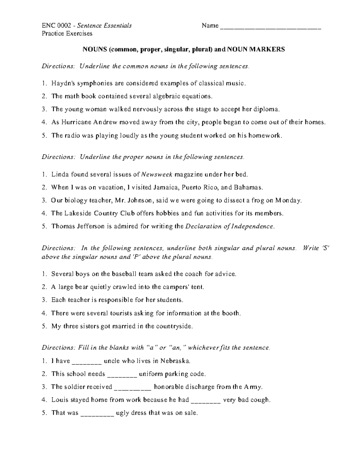 ENC 0002 - Nouns Practice Exercises: Common, Proper, Singular, Plural ...