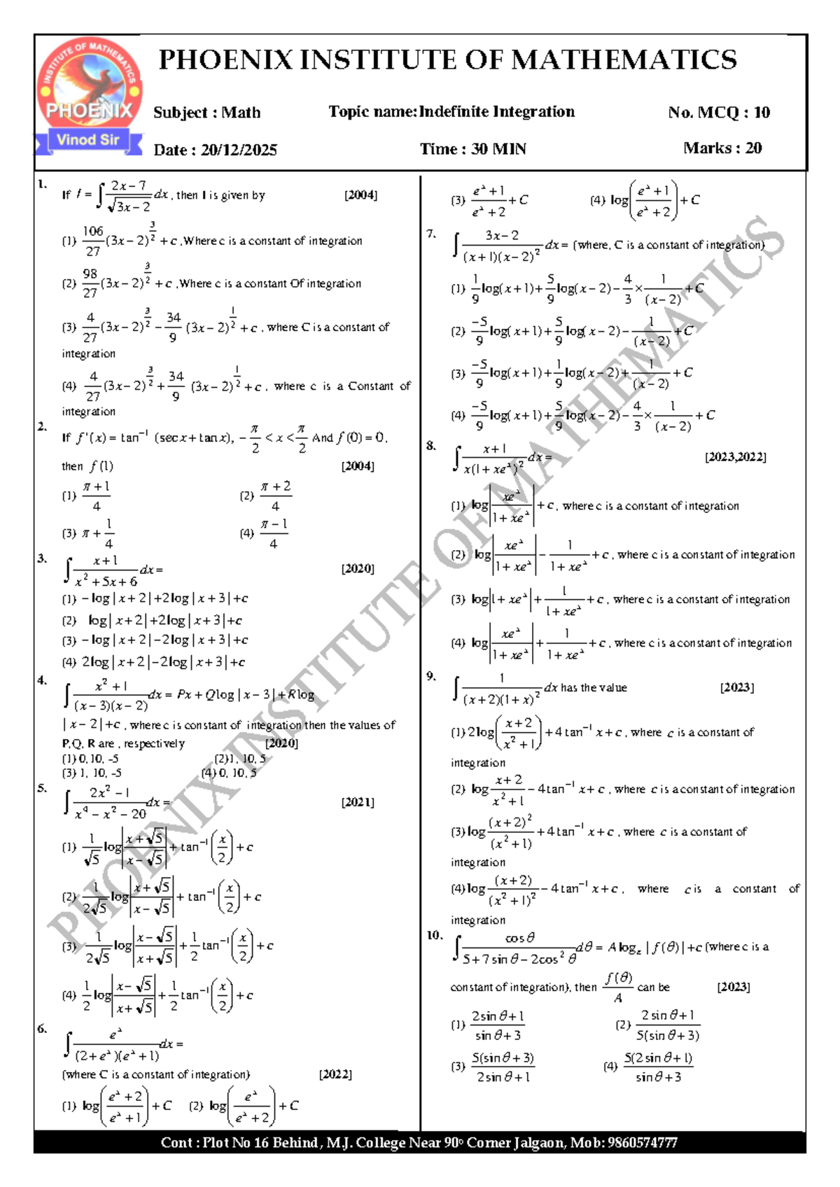 Indefinite Integration Notes for Math 2x - PHOENIX INSTITUTE - Studocu
