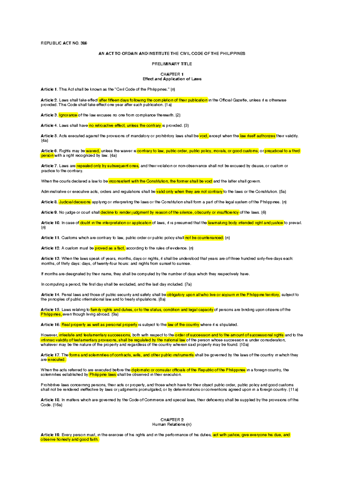 Codal-NCC: Civil Code of the Philippines - RA 386 Overview - Studocu