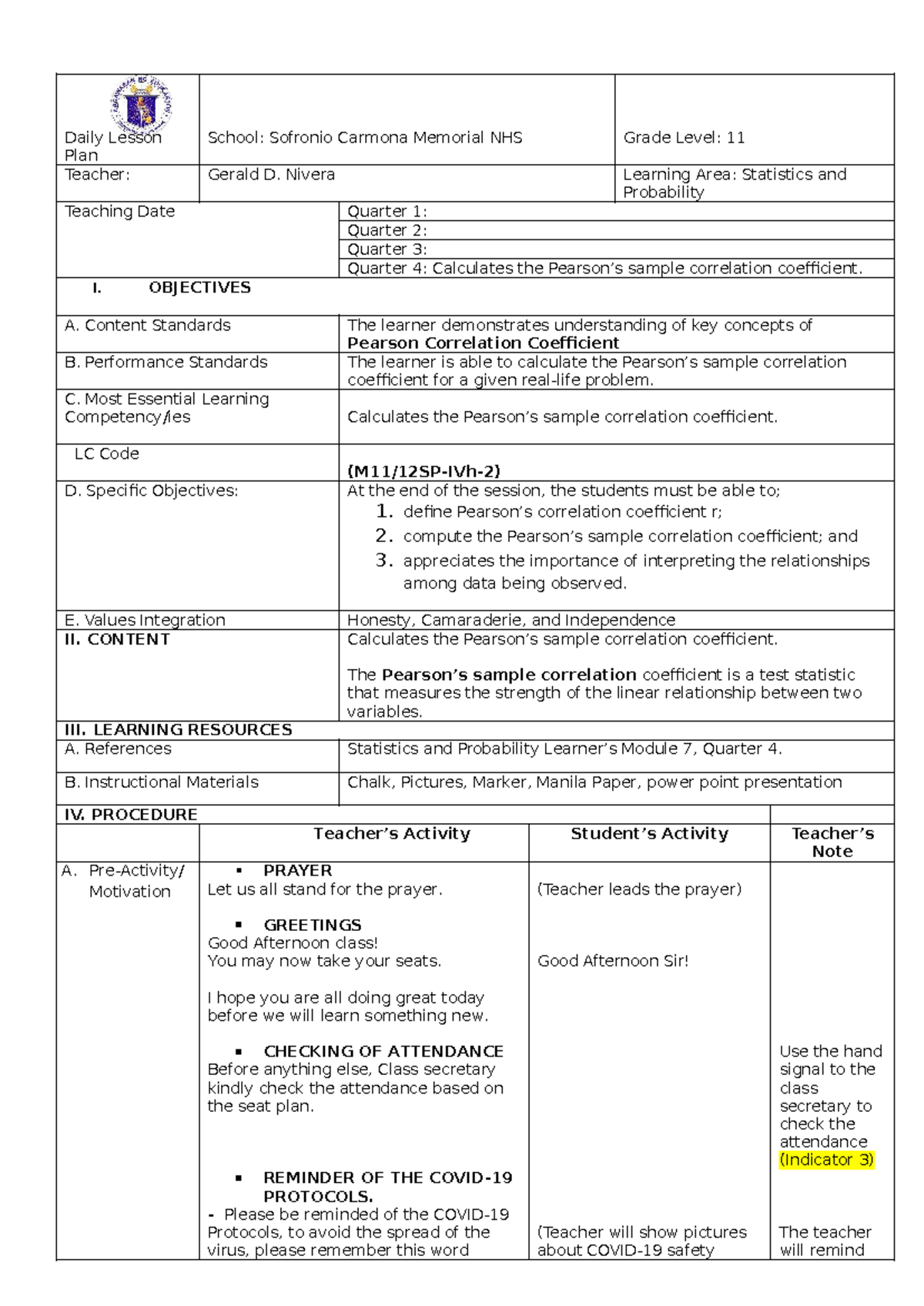 COT 4 - Daily Lesson Plan on Statistics & Probability for Grade 11 - Studocu