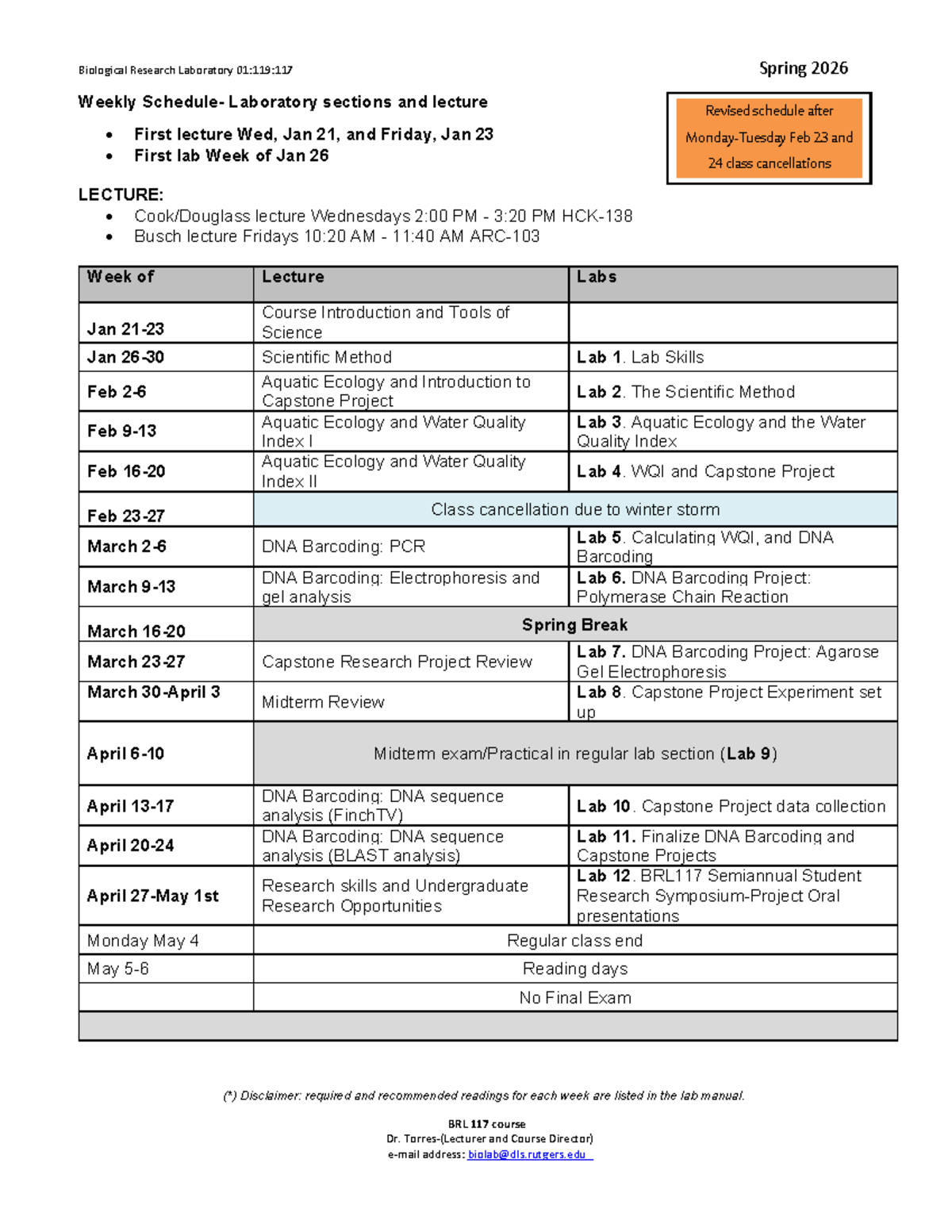 Spring 2026 BRL 01:119:117 Updated Lab & Lecture Schedule - Studocu