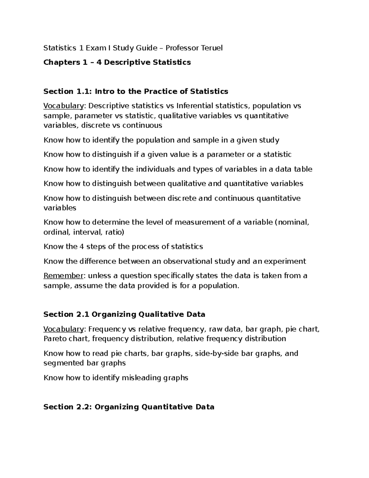Statistics 1 Exam I Study Guide: Chapters 1-4 Overview - Studocu