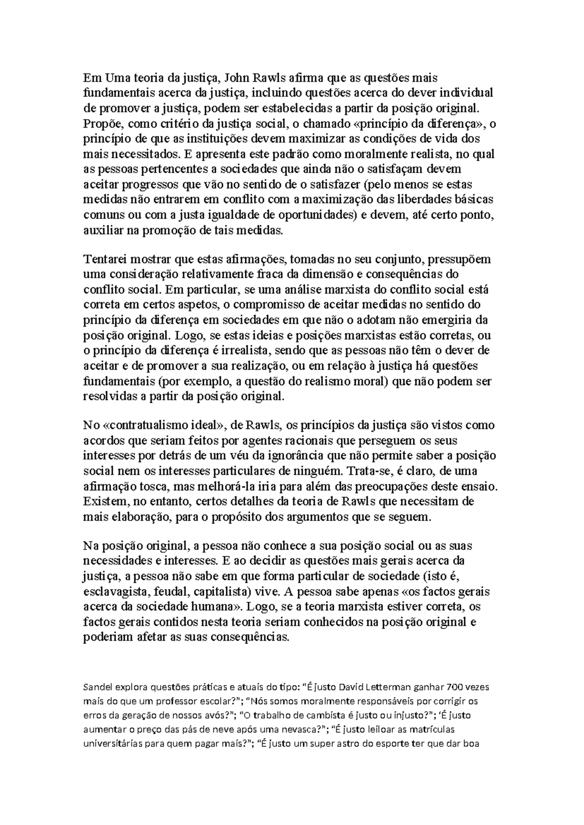 Em Uma Teoria da Justiça: Análise Crítica de Rawls e Sandel - Studocu