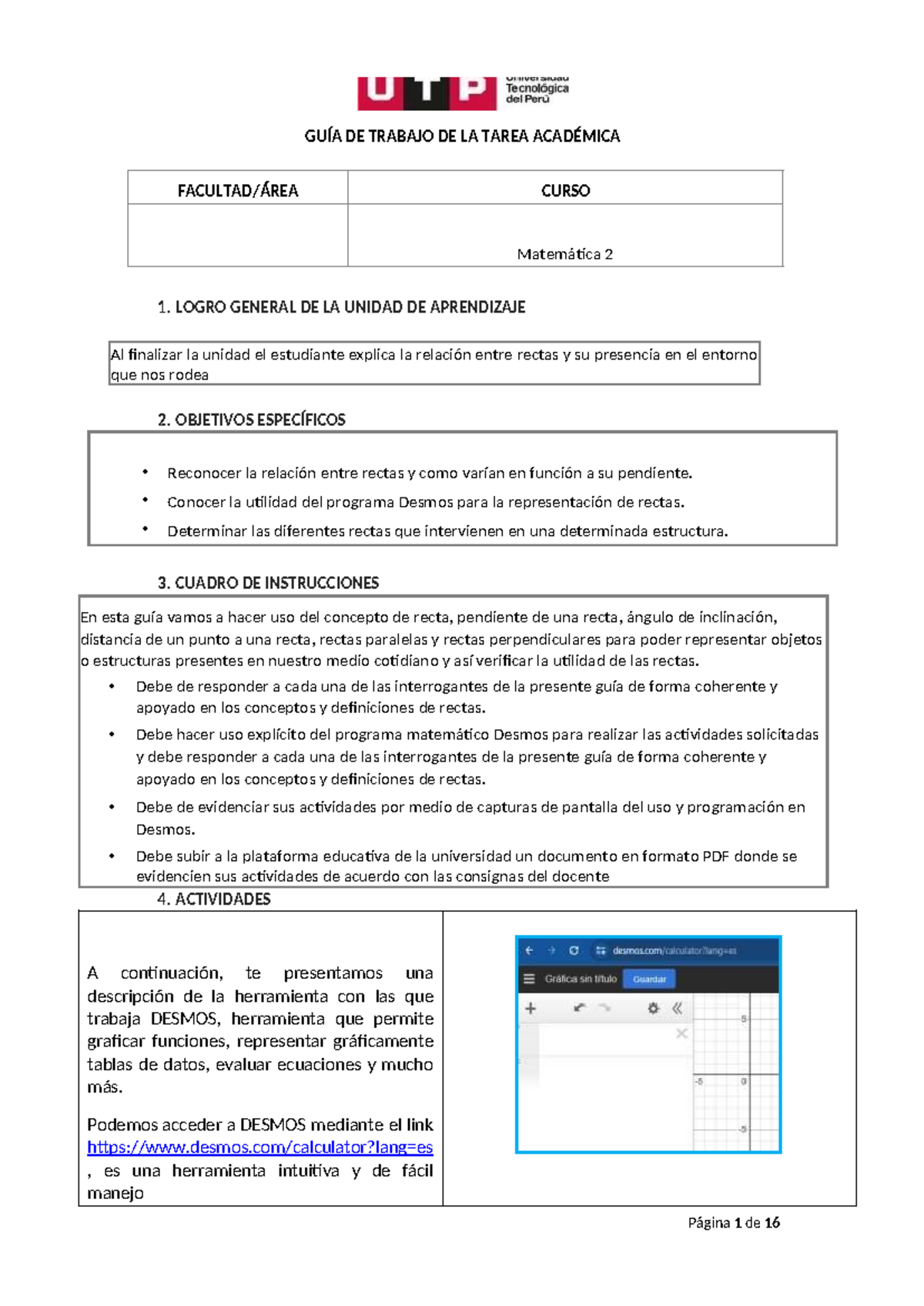 GUÍA DE TRABAJO Matemática 2 - Actividades sobre Rectas y Desmos - Studocu