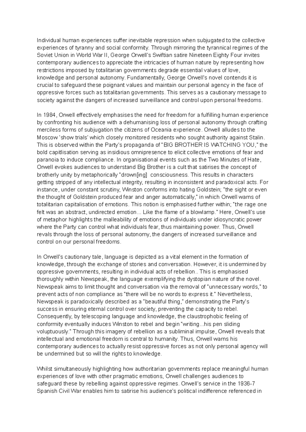 1984 Essay: The Perils of Oppression and Loss of Personal Autonomy ...