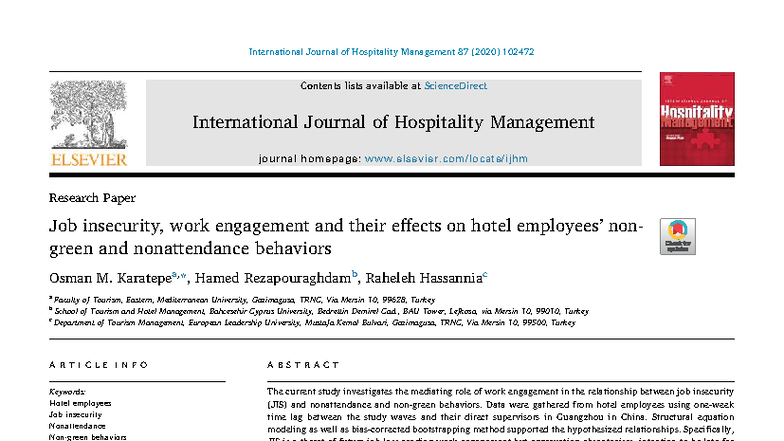 Job Insecurity and Work Engagement: Impacts on Hotel Employee Behavior ...