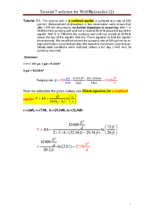 Tutorial Solution Chapter 7 Week 6 - Tutorial 5 solution for Well Hydraulics (2) Tutorial 7. The ...