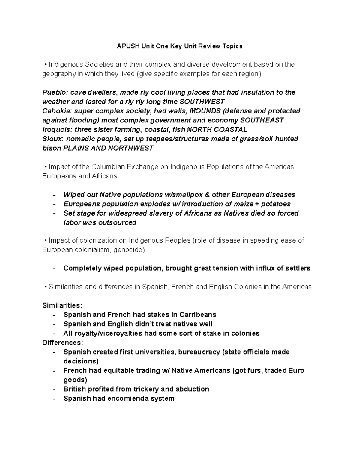 APUSH Unit 1 Review: Indigenous Societies & Colonial Development - Studocu
