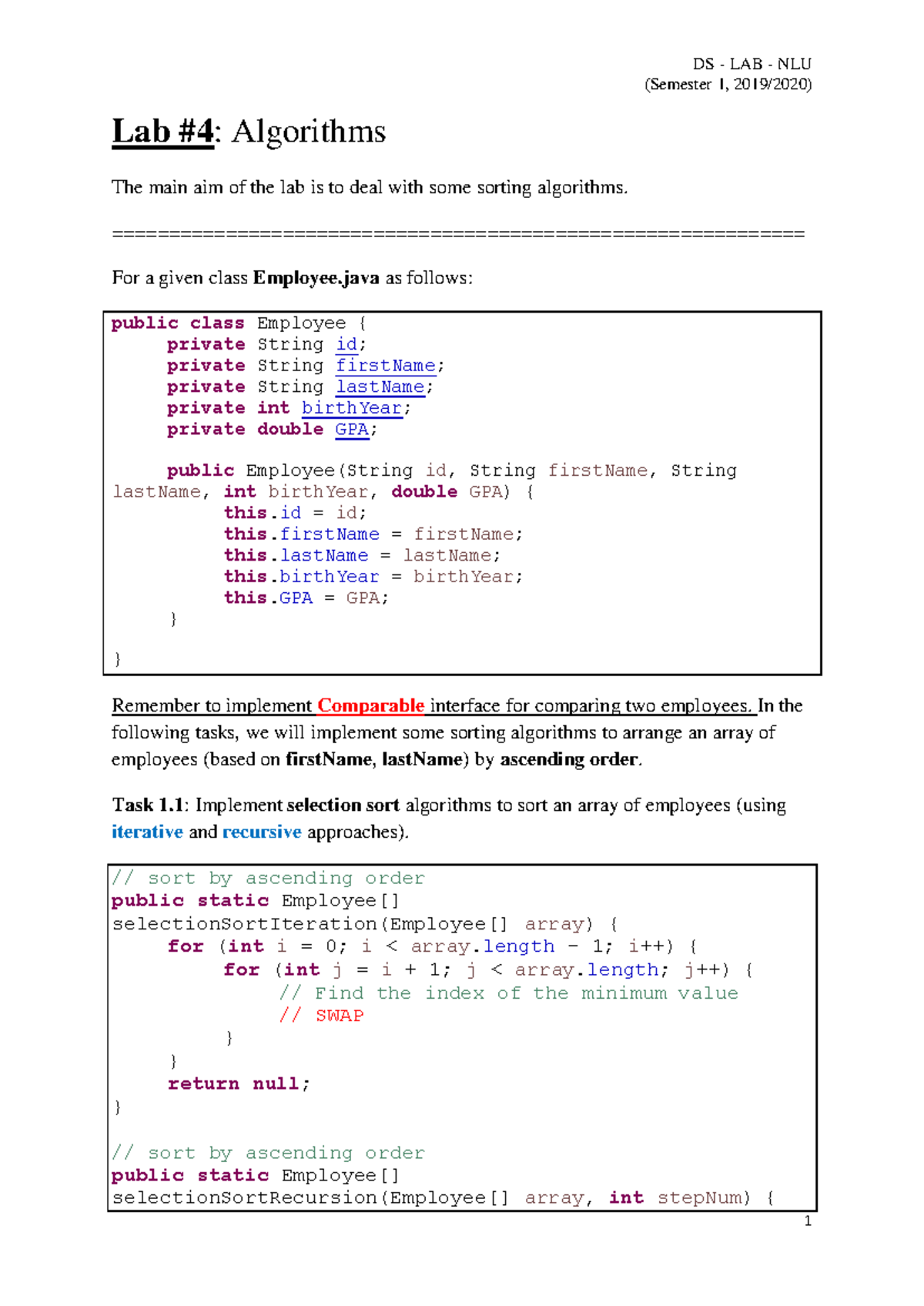 DS Lab 4 Algorithms Sort - (Semester 1, 2019/2020) Lab #4: Algorithms ...