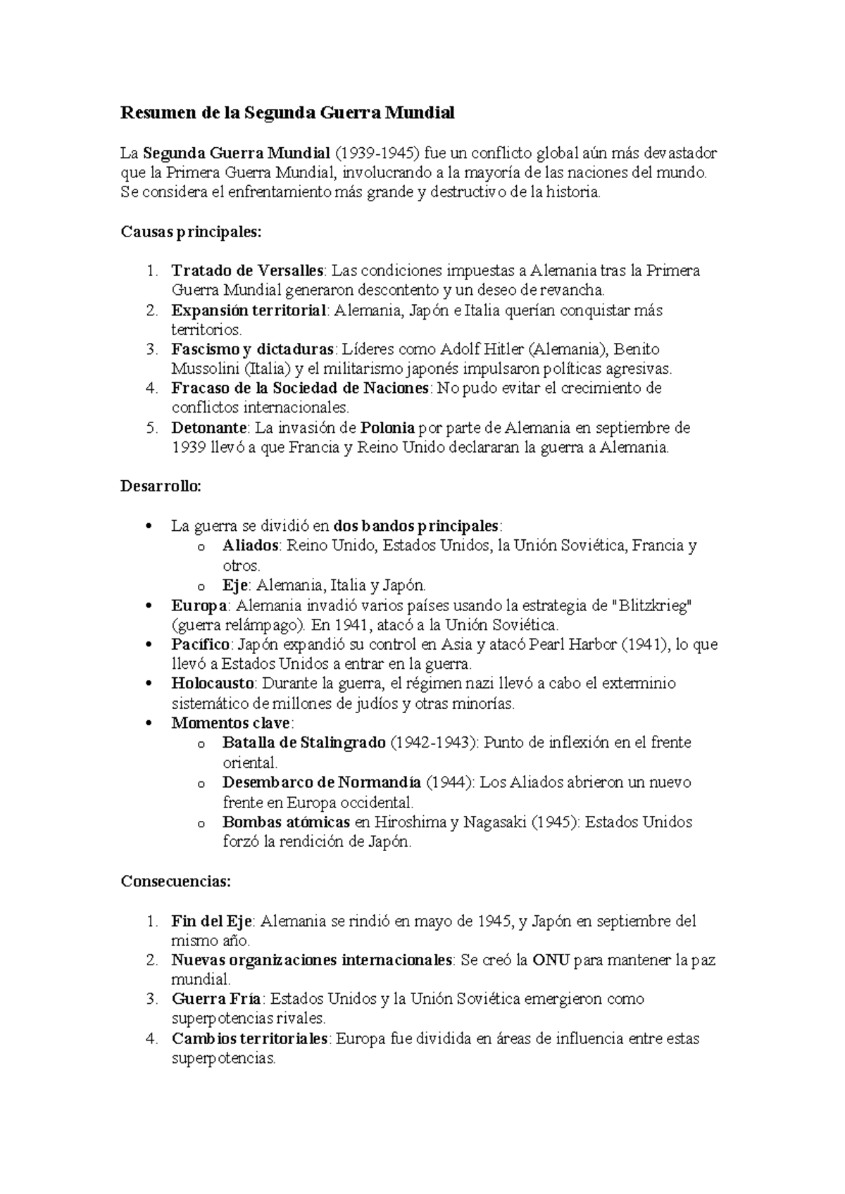 Resumen de la Segunda Guerra Mundial: Causas, Desarrollo y Consecuencias - Studocu