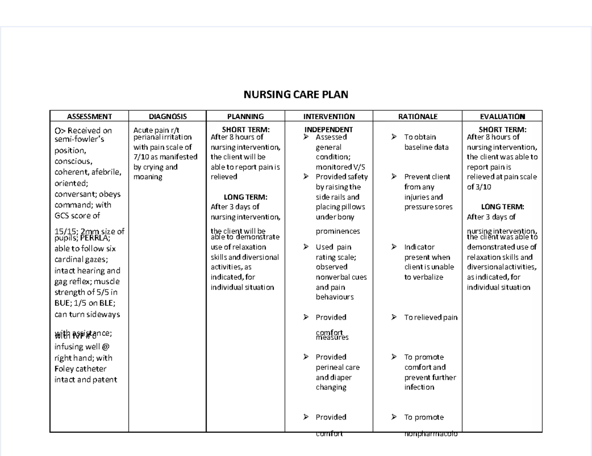 Nursing CARE PLAN - notes - NURSING CARE PLANNURSING CARE PLAN ...