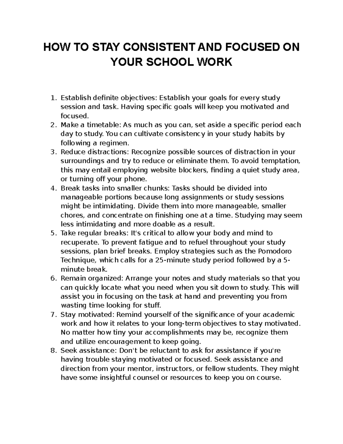 Strategies for Staying Consistent & Focused on School Work - Studocu