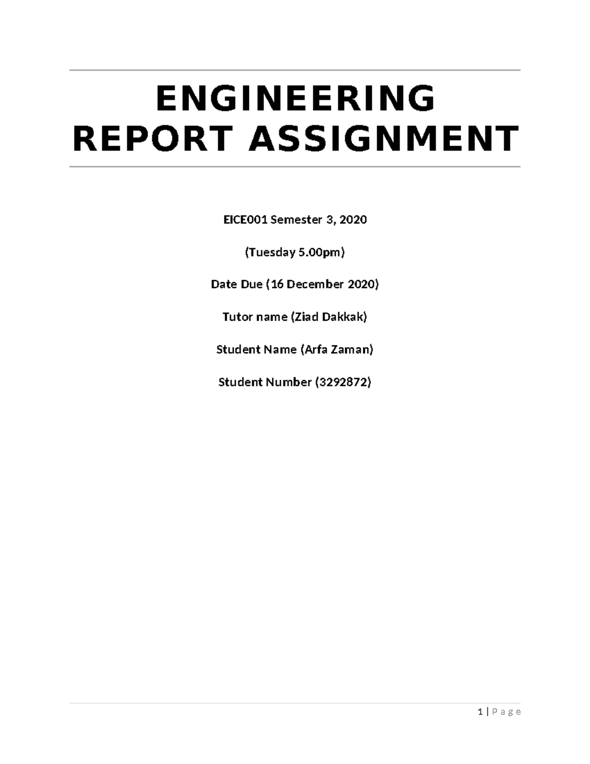 EICE001 Civil Engineering Report - Semester 3, 2020 Assignment - Studocu