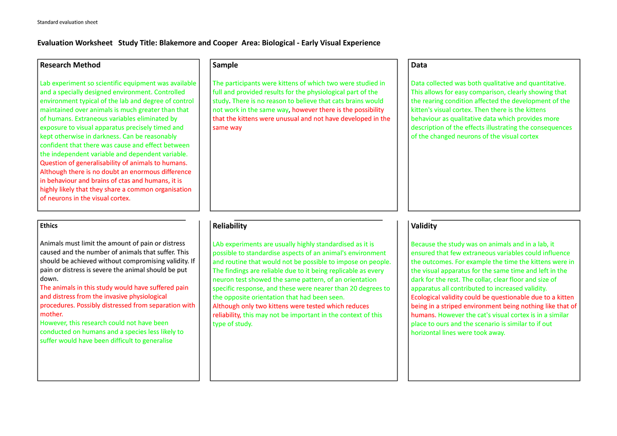 Blakemore and Cooper Evaluation - Standard evaluation sheet Evaluation ...
