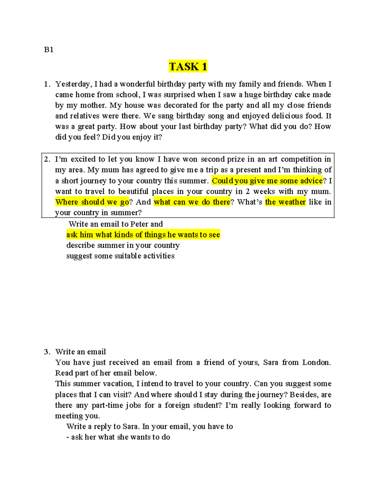 B1 Writing Task 1: Birthday Celebrations and Travel Advice - Studocu