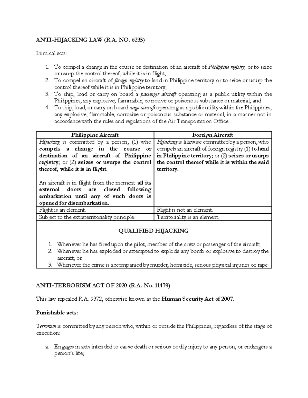 Anti-Hijacking and Anti-Terrorism Laws Overview (R.A. No. 6235 & 11479 ...