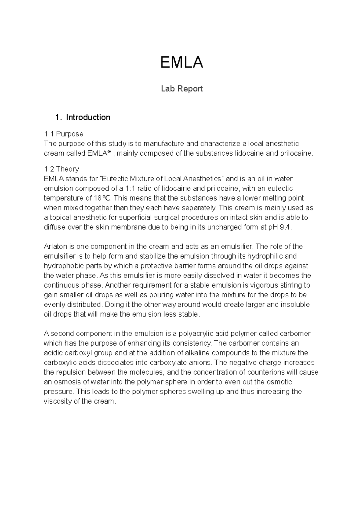 EMLA - Lab Report on Eutectic Mixture & Formulation Techniques - Studocu