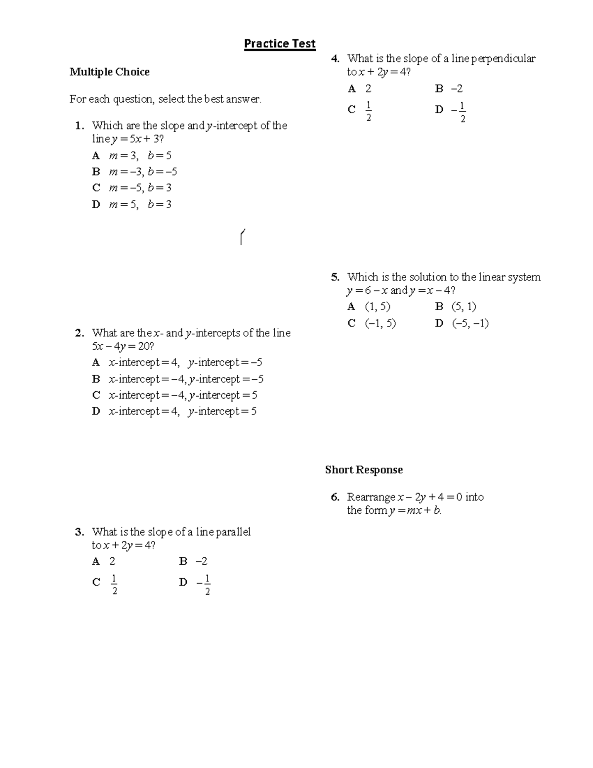 Linear Relations Practice Test Solutions: Multiple Choice & Short ...