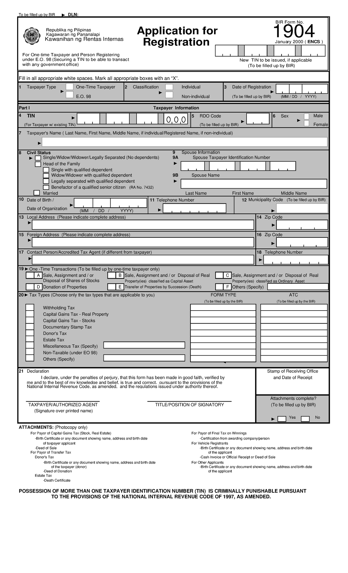 1904 - 1904 for TIN Application - To be filled up by BIR DLN: Fill in ...