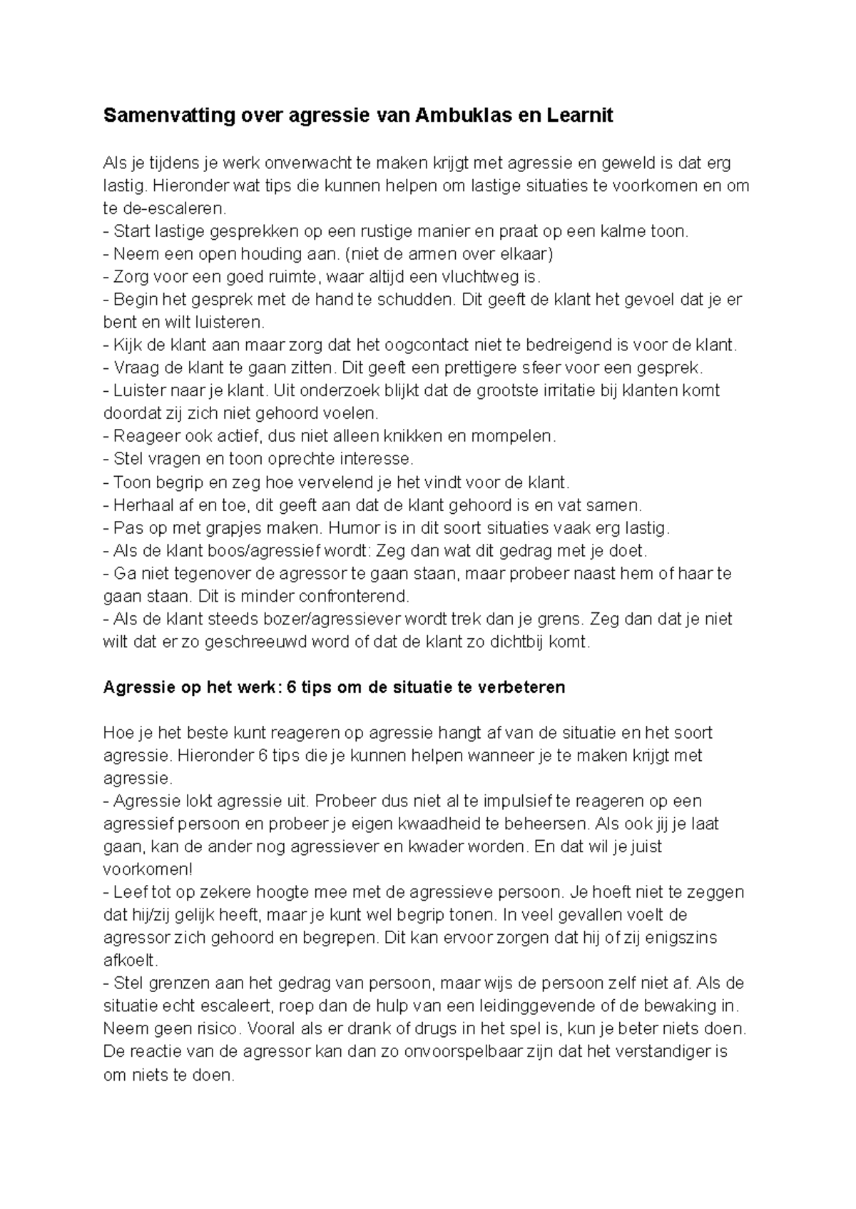Agressie en De-escalatie: Tips en Voorbeelden in de Praktijk - Studeersnel