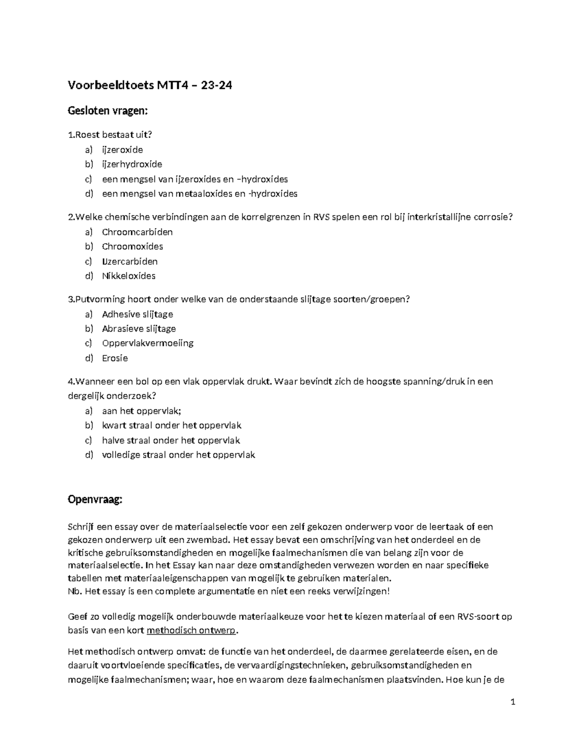 Voorbeeldtoets MTT4 - Materiaalselectie & Corrosie 23-24 - Studeersnel