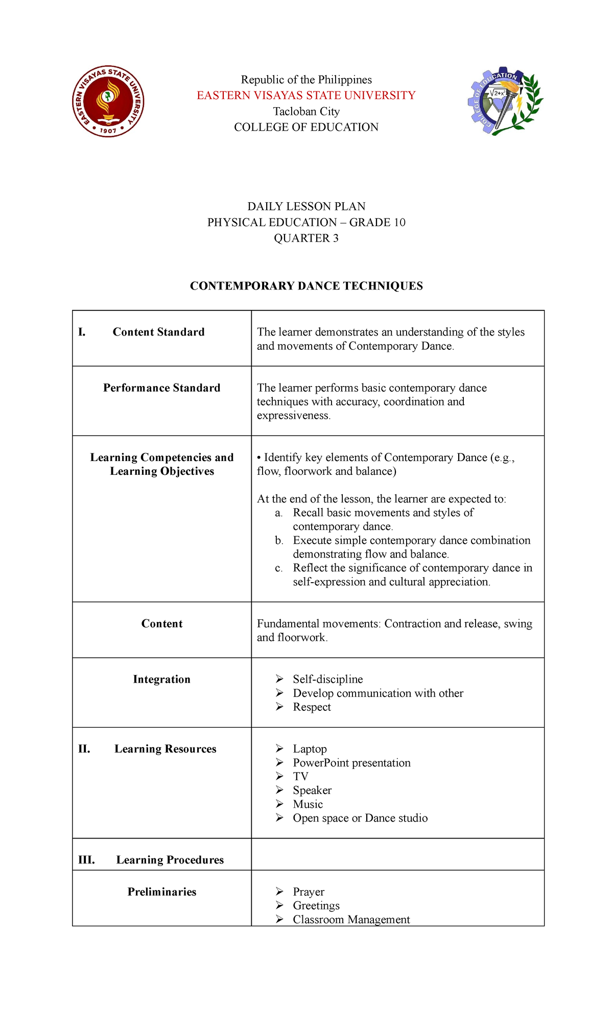 Contemporary- Dance LESSON PLAN - Republic of the Philippines EASTERN ...