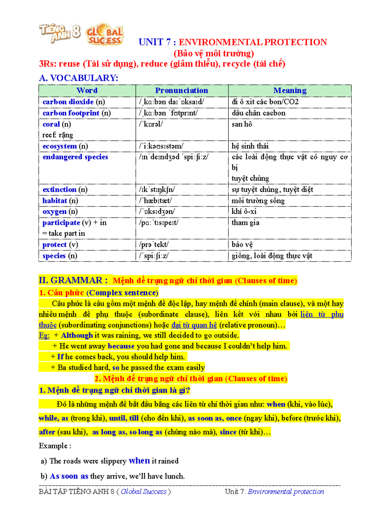 UNIT 7: ENVIRONMENTAL PROTECTION - Vocabulary & Grammar Notes - Studocu