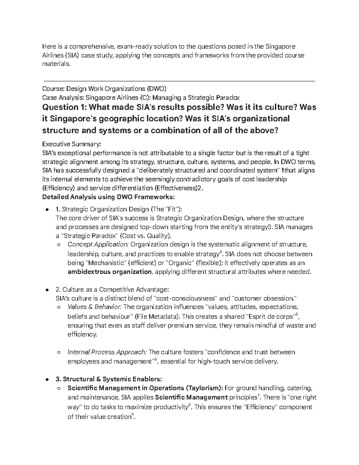DWO Case Study Analysis: Singapore Airlines' Strategic Design Solutions - Studocu