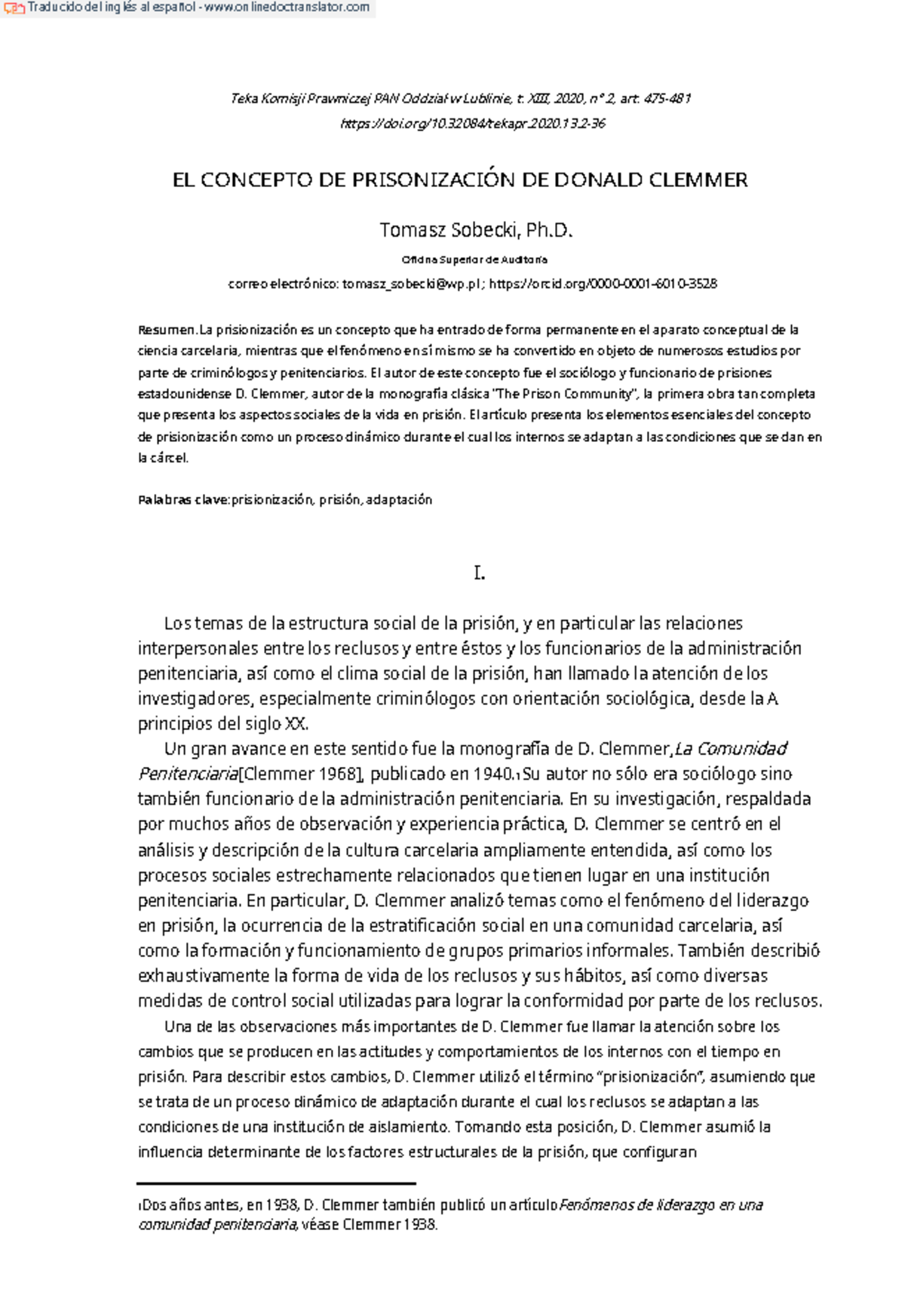 El concepto de prisionización según Donald Clemmer: Análisis Crítico ...
