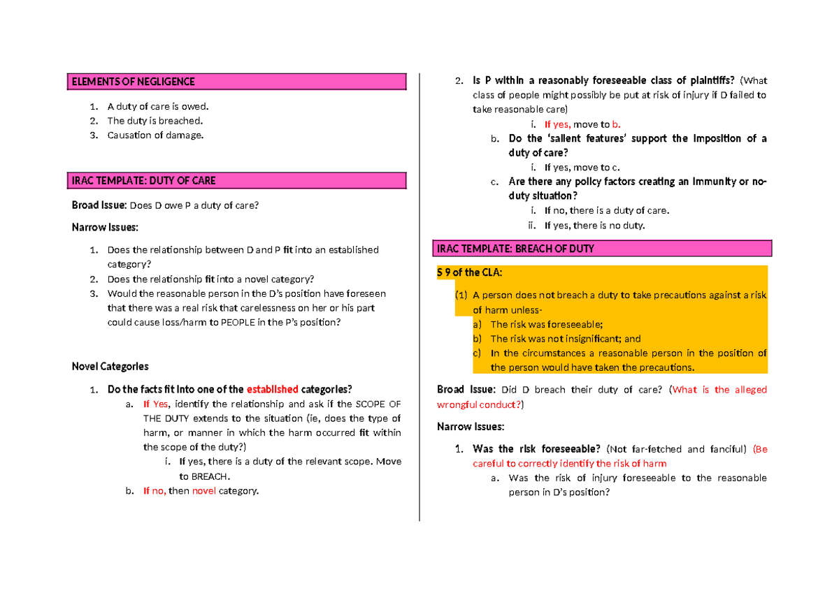 Final Exam Notes (Torts) - Key Elements of Negligence Explained - Studocu