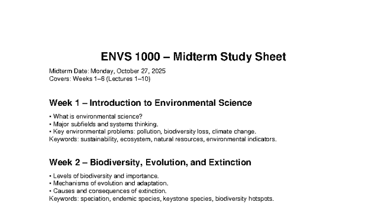 ENVS1000 Midterm Study Guide: Key Topics & Concepts - Studocu