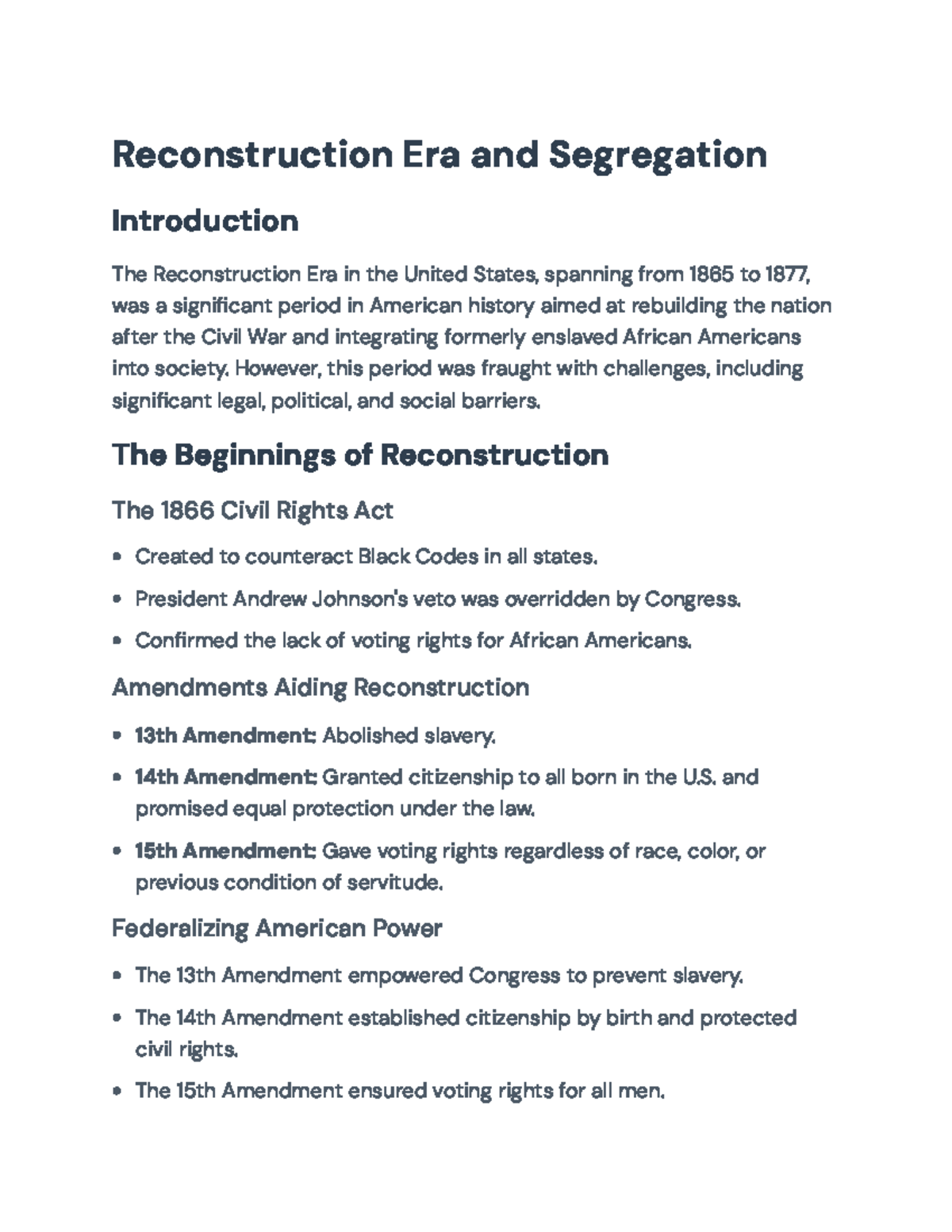 Reconstruction Era and Segregation: Challenges and Progress (HIST101 ...