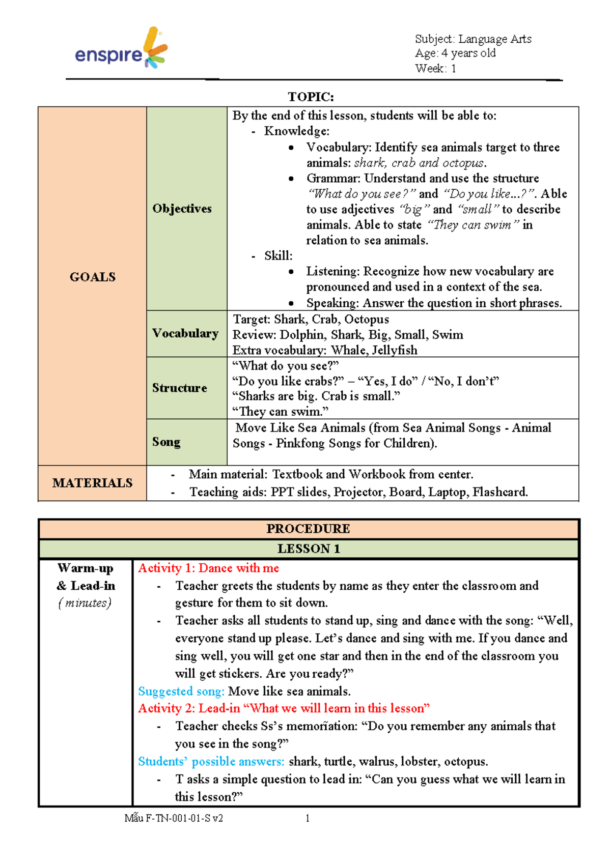Language Arts Lesson Plan for 4-Year-Olds: Week 1 Activities - Studocu