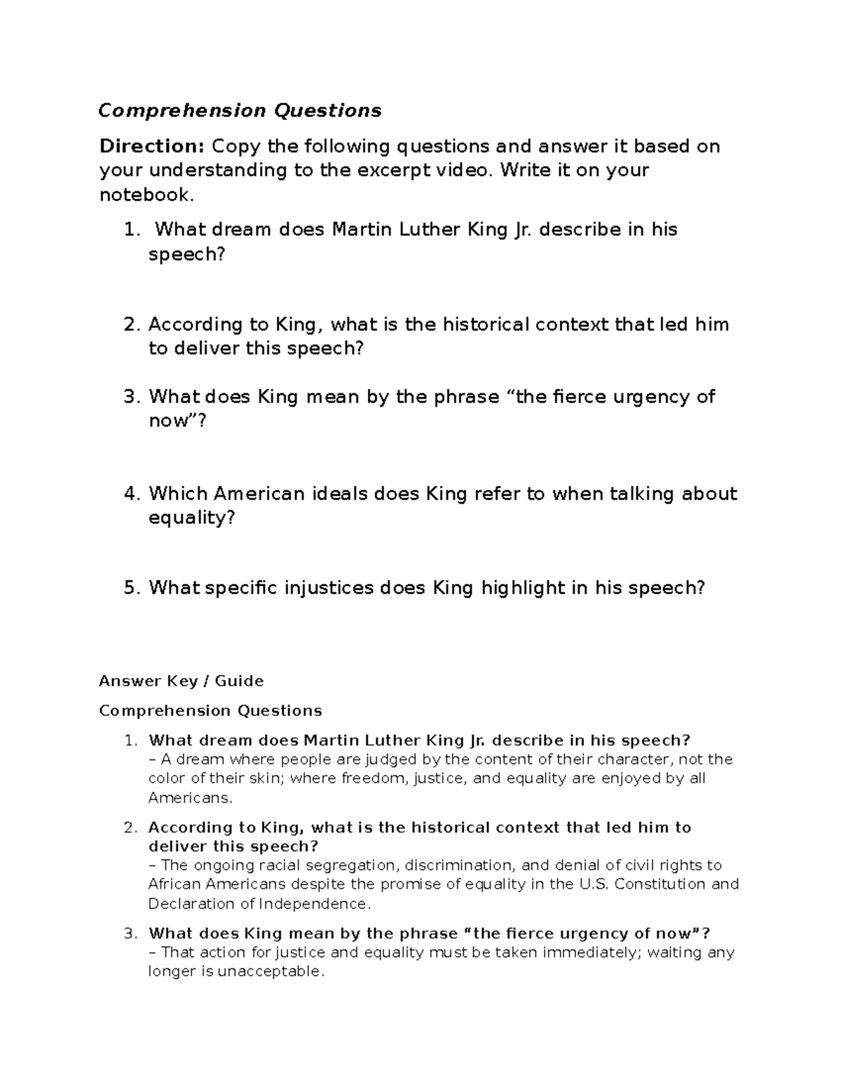 Comprehension Questions on MLK's Speech Analysis - Studocu