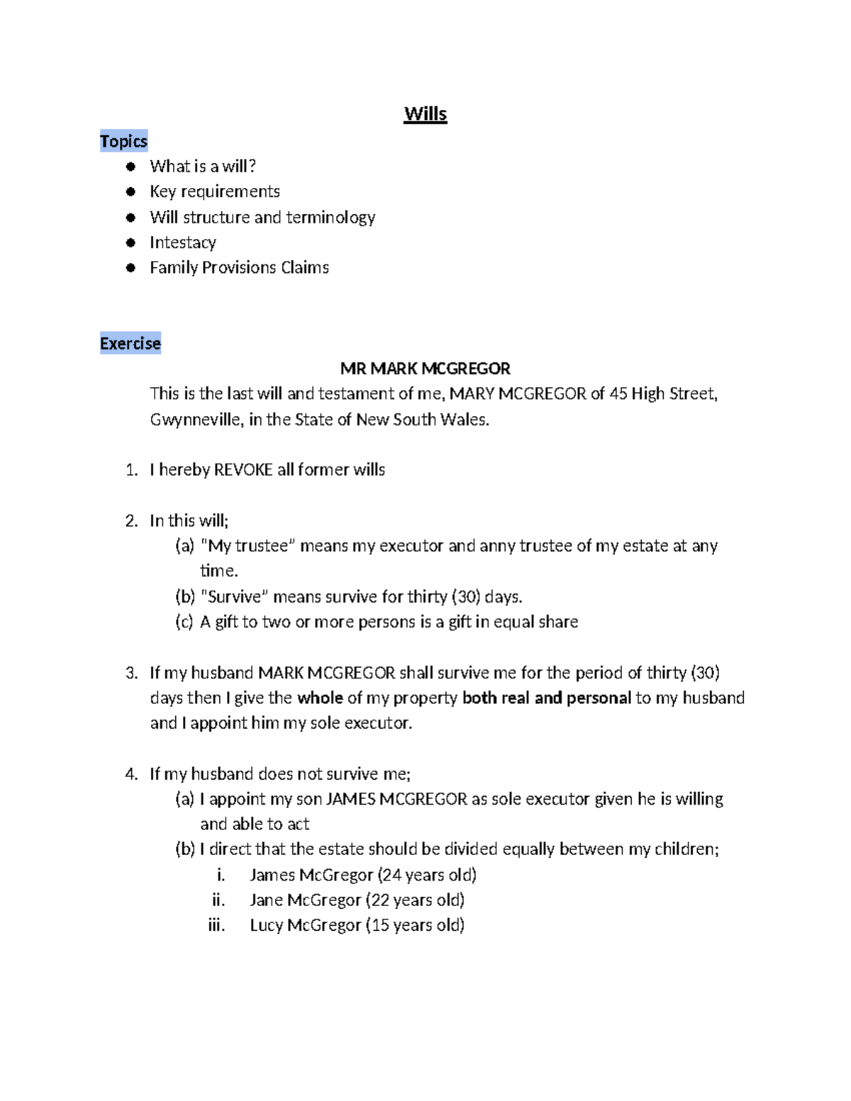 Wills Overview: Key Concepts and Structure - Week 3 Notes - Studocu