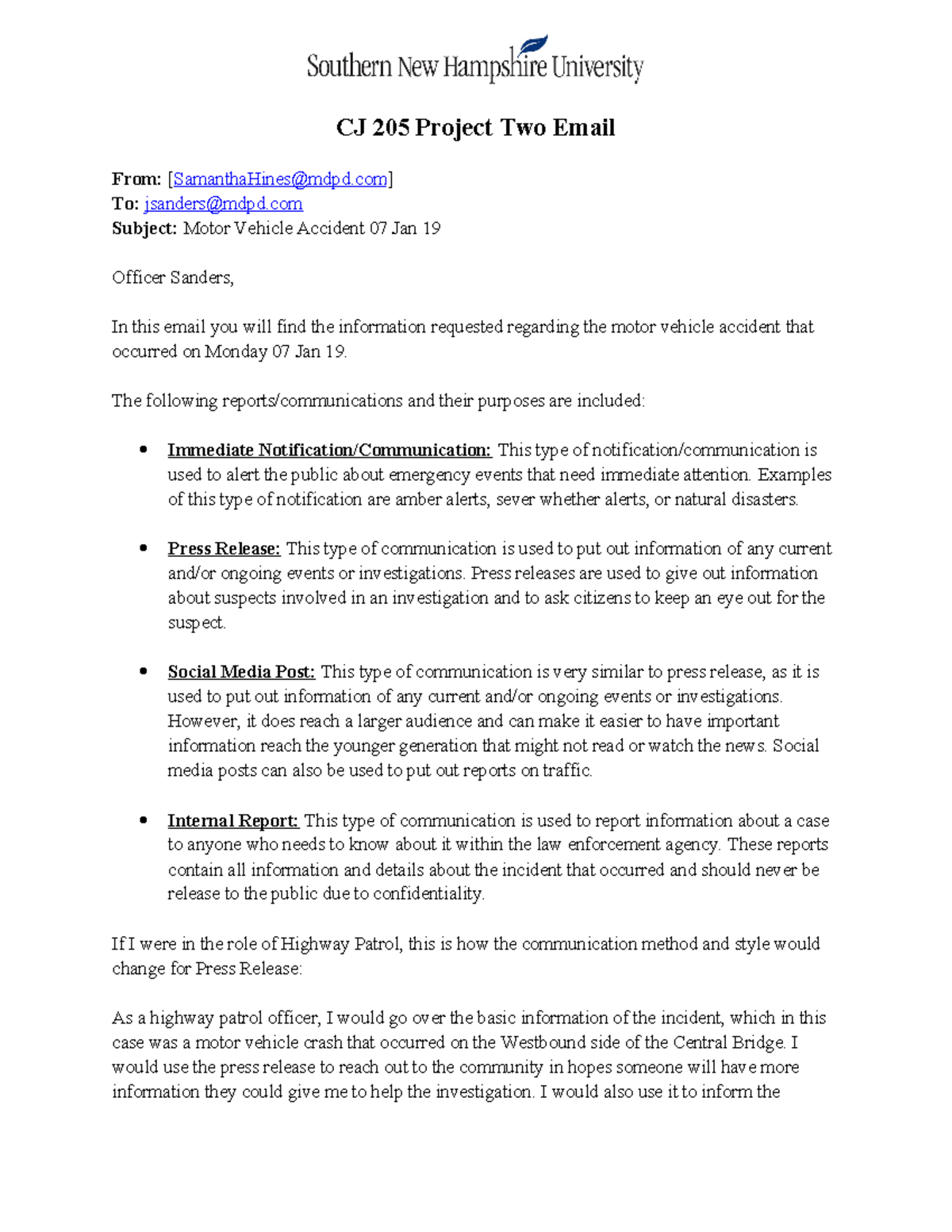 CJ 205 Project Two Email - CJ 205 Project Two Email From ...
