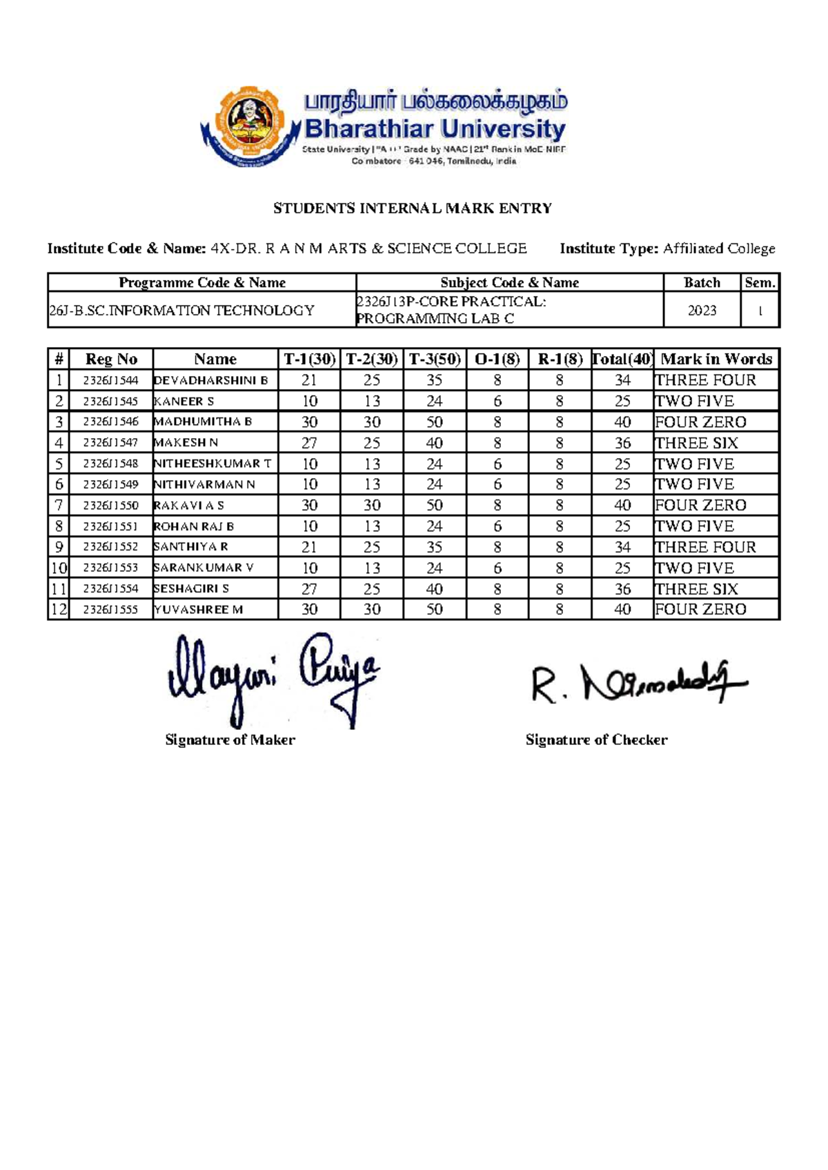 Internal Mark Entry for Programming Lab C - 2023 Batch - Studocu