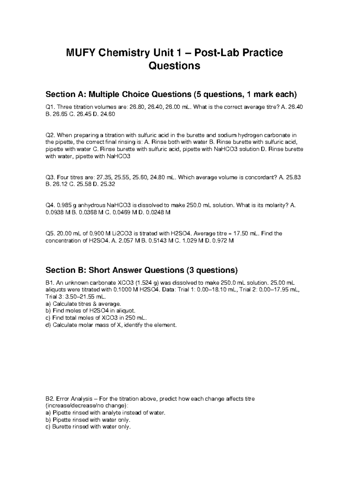MUFY Chemistry Unit 1 Post Lab Practice Questions and Answers - Studocu