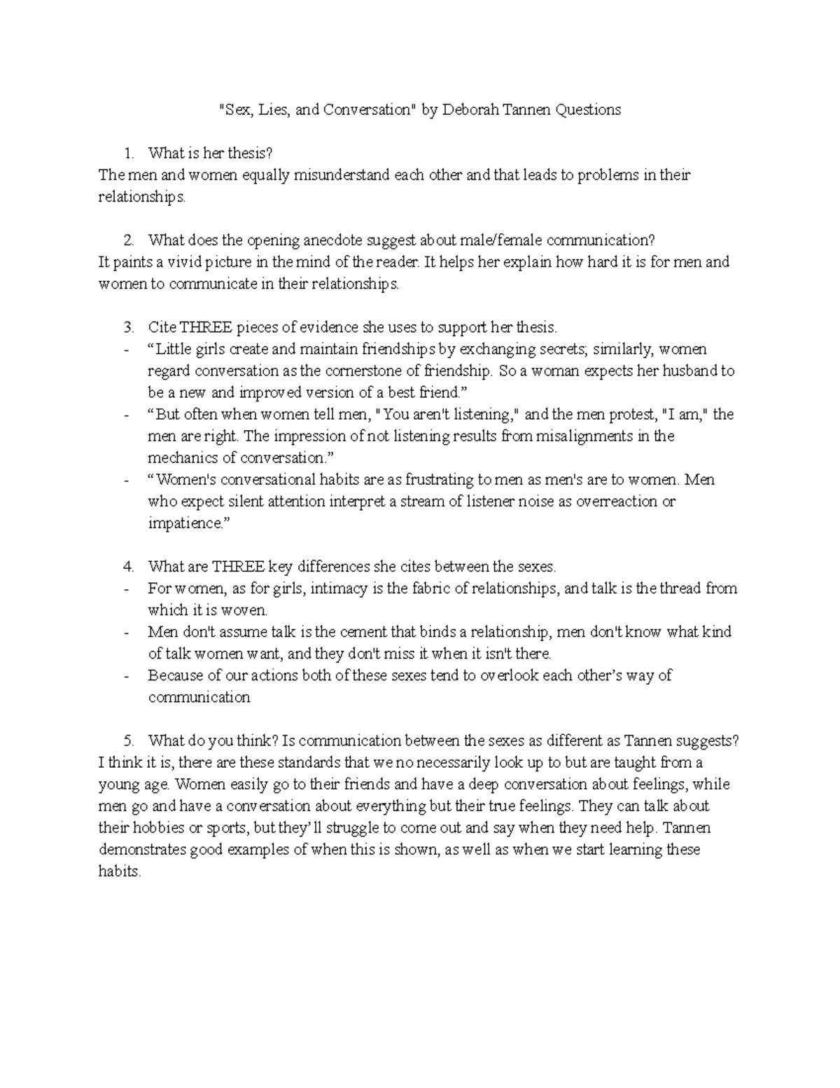 Deborah Tannen's "Sex, Lies, and Conversation" Questions Analysis - Studocu
