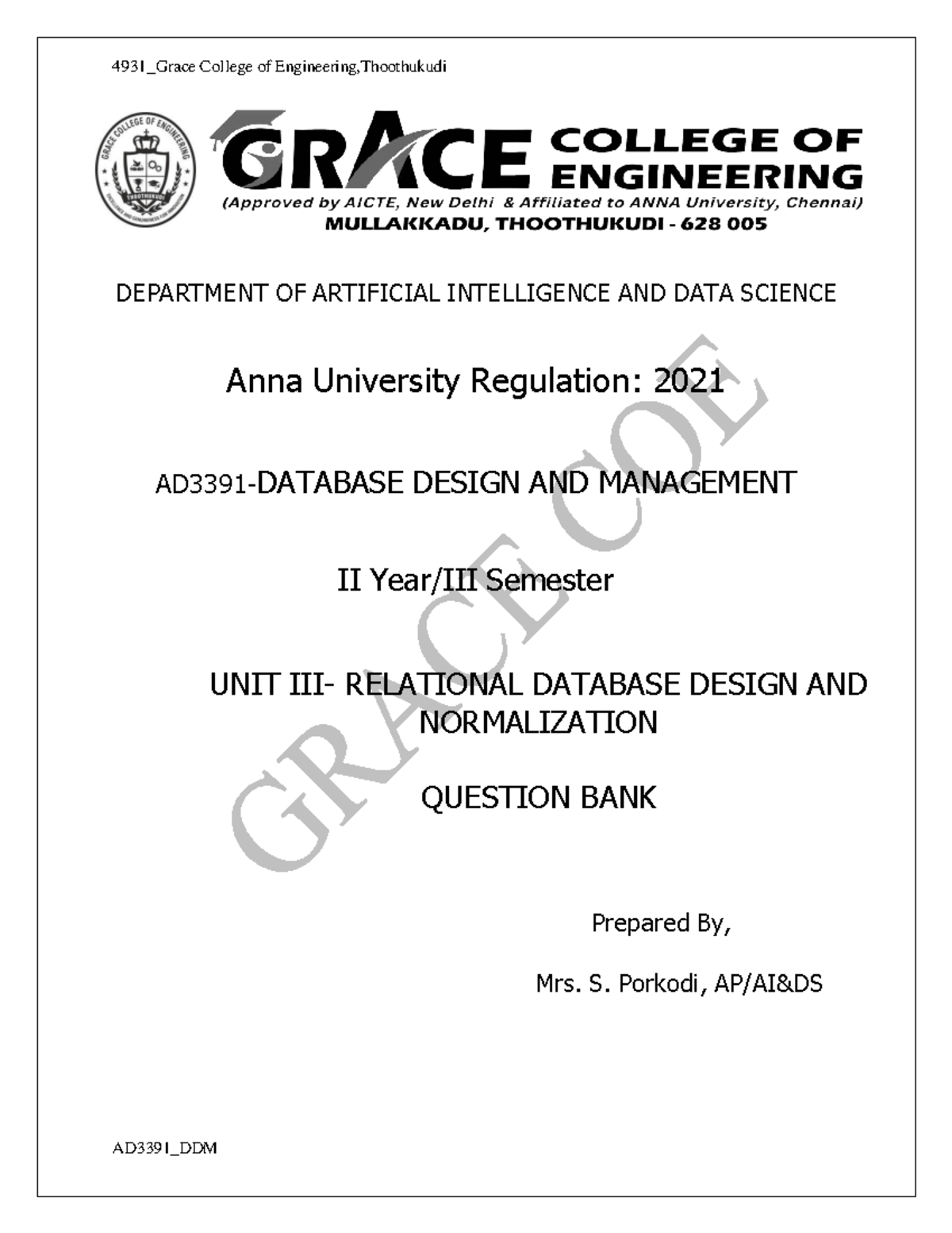AD3391_DDM Question Bank: Relational Database Design & Normalization ...