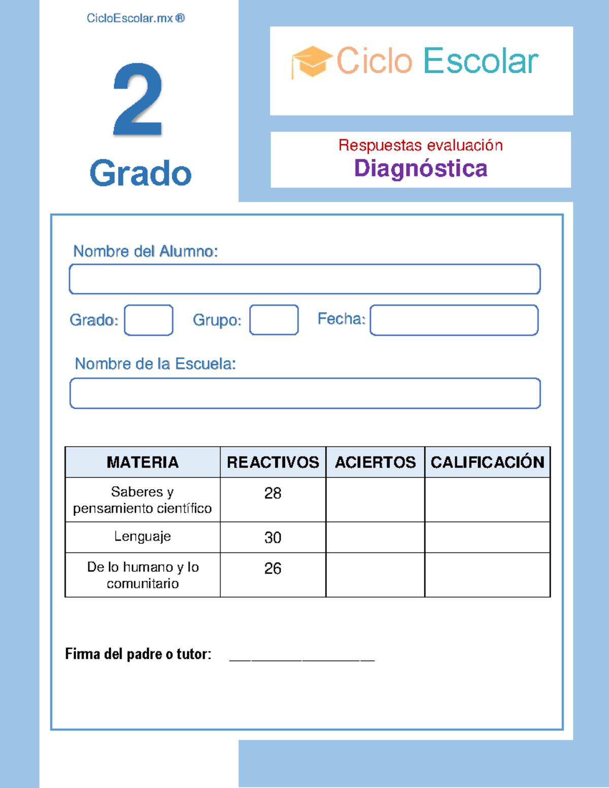 Examen Diagnóstico 2° Grado 2024-2025 - Respuestas de Evaluación - Studocu