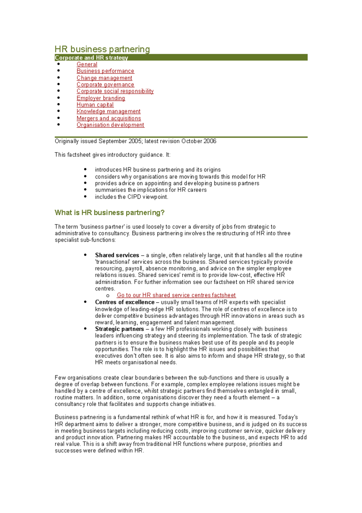 Business Partnering - CIPD fact sheet - HR business partnering ...