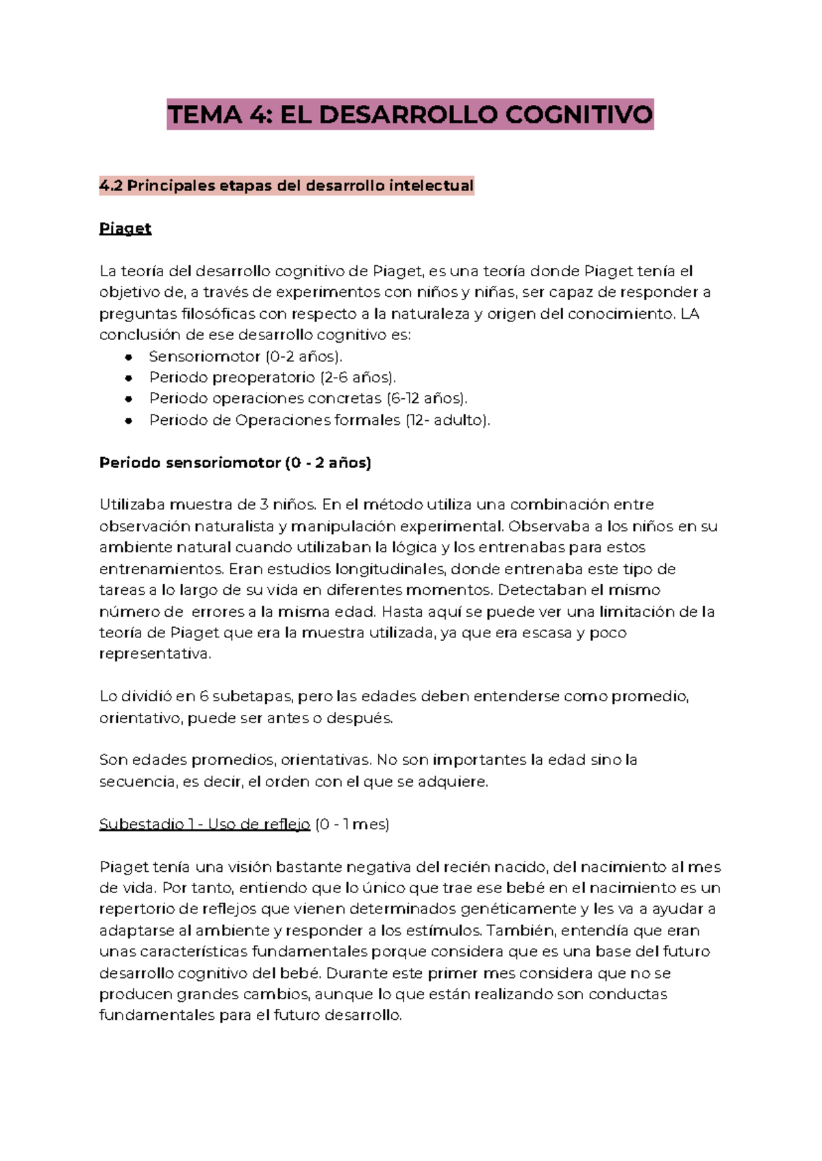 EVO I TEMA 4: Desarrollo Cognitivo según Piaget y sus Etapas - Studocu