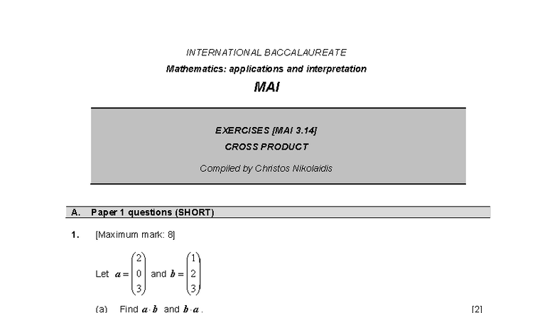 MAI 3 - Cross Product Exercises for IB Mathematics - Studocu