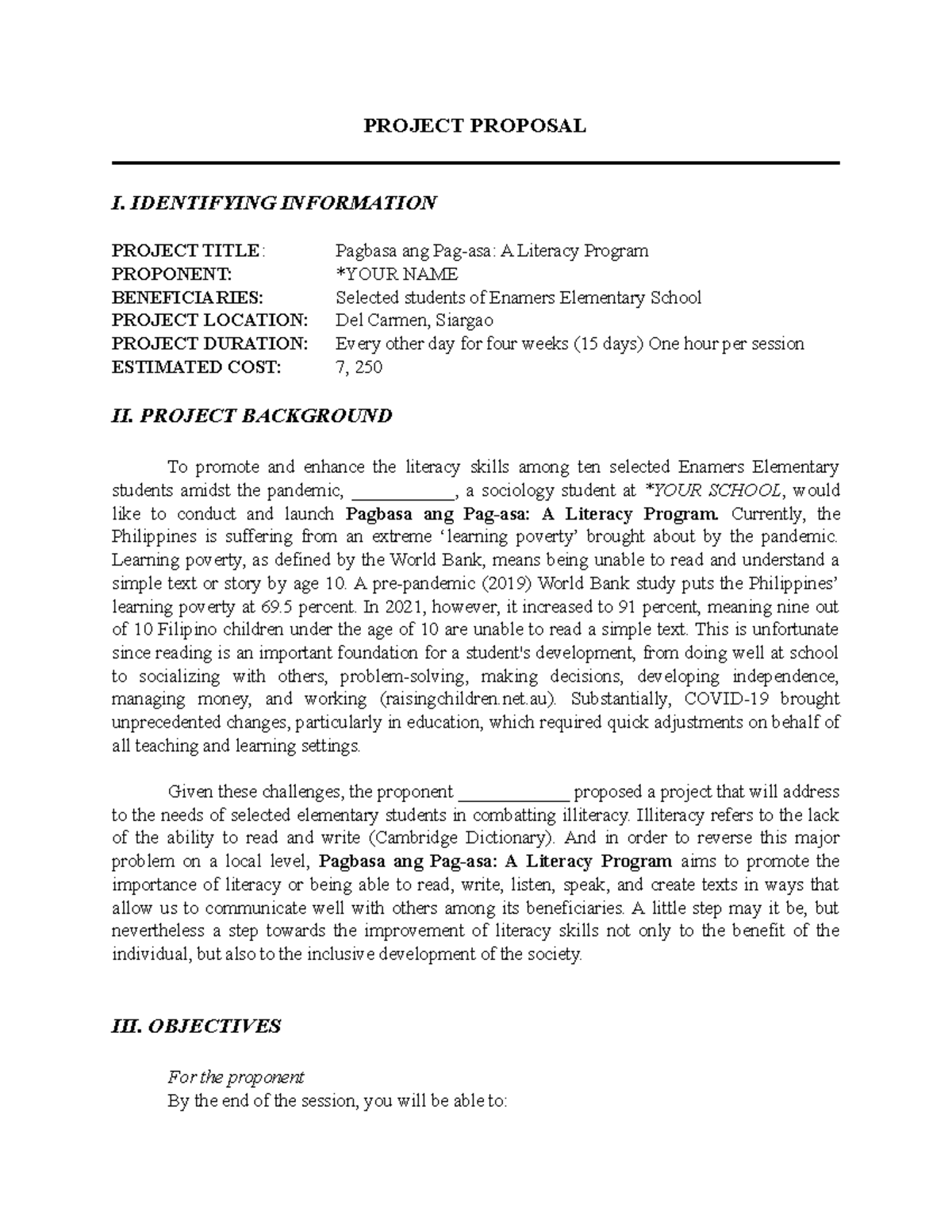 Project Proposal: Pagbasa ang Pag-asa Literacy Program for Community ...