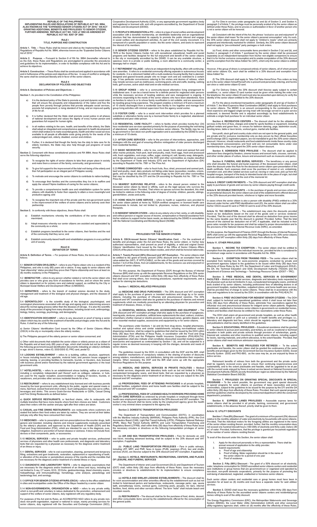 Implementing Rules of RA 9994: Expanded Senior Citizens Act 2010 - Studocu