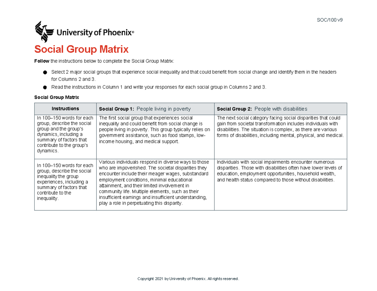 SOC/100 v9 Week 5 Social Group Matrix: Inequality and Change Insights ...